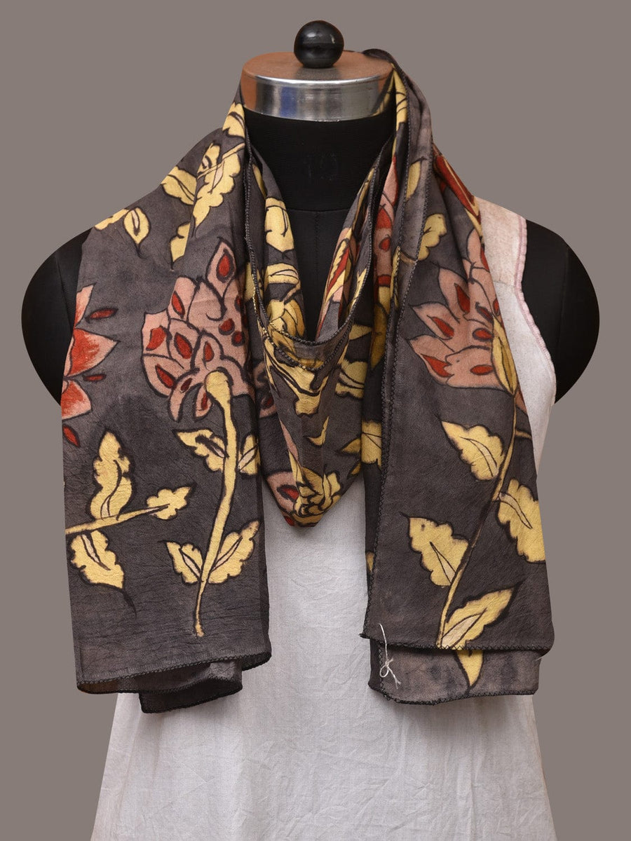 Black Kalamkari Hand Painted Sico Stole with Floral Design ds3527 – Uppada