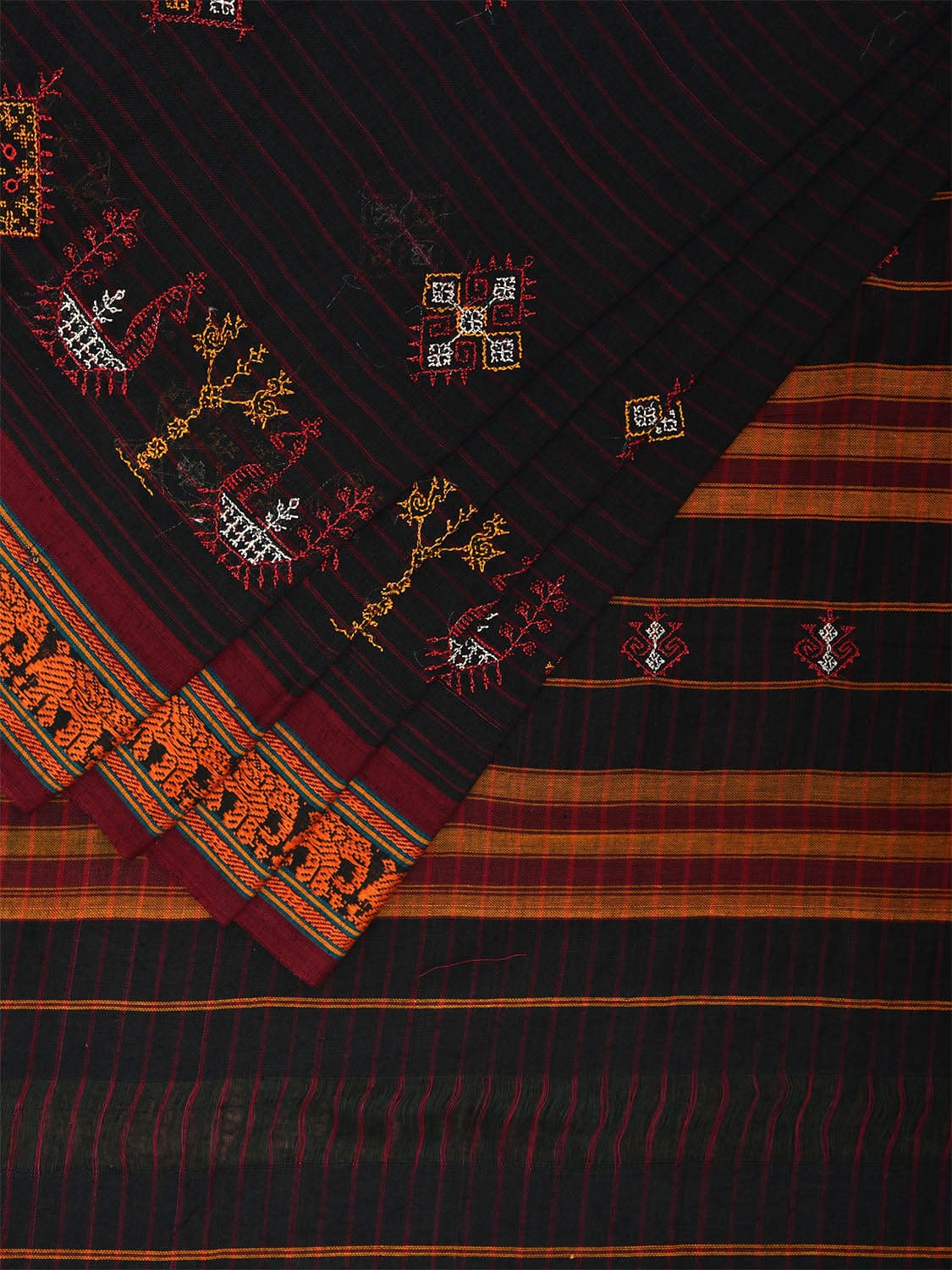 Black Narayanpet Cotton Saree with Kasuti Work and Elephant Border Des ...