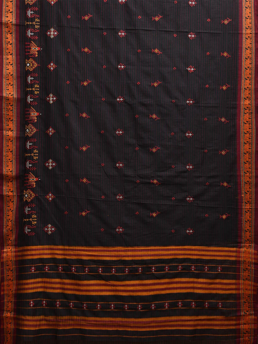 Black Narayanpet Cotton Saree with Kasuti Work and Elephant Border Des ...