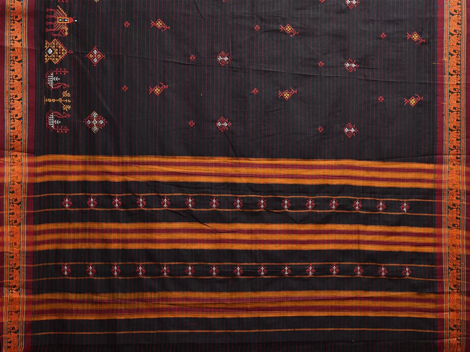 Black Narayanpet Cotton Saree with Kasuti Work and Elephant Border Des ...