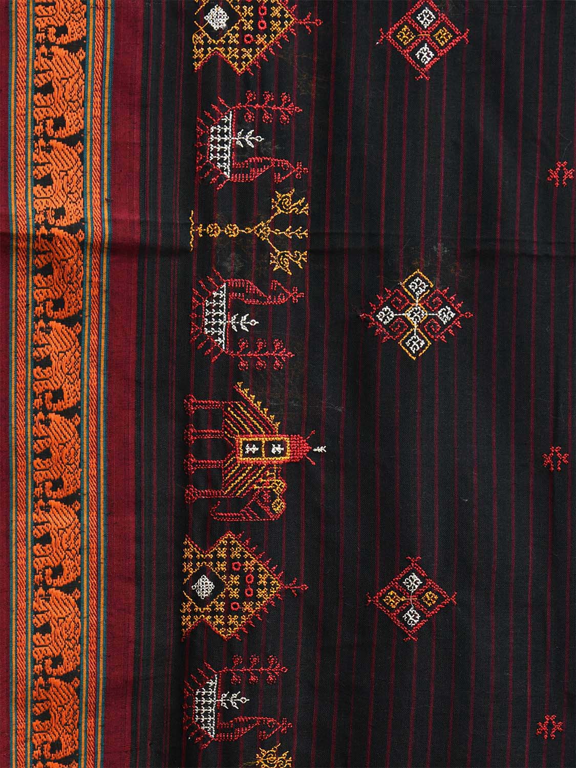 Black Narayanpet Cotton Saree with Kasuti Work and Elephant Border Des ...