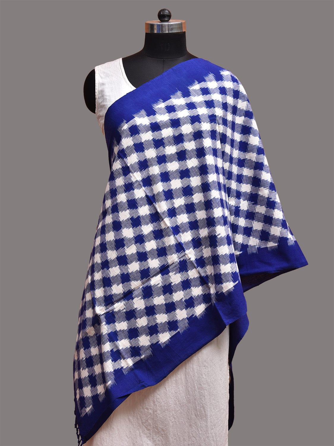 Blue and White Double Ikat Cotton Handloom Stole with Grill Design ds3 ...