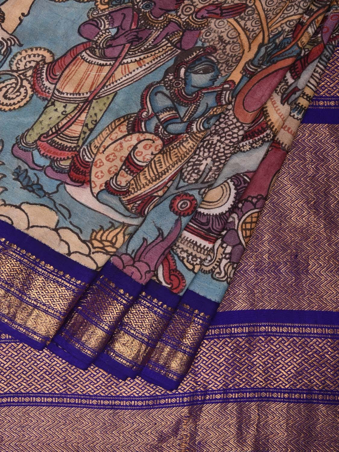 Blue Kalamkari Hand Painted Gadwal Silk Handloom Saree with Dashavatar ...