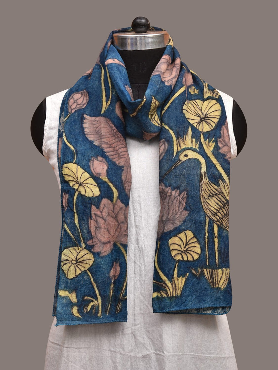Blue Kalamkari Hand Painted Sico Stole with Lotus and Crane Design ds3 ...