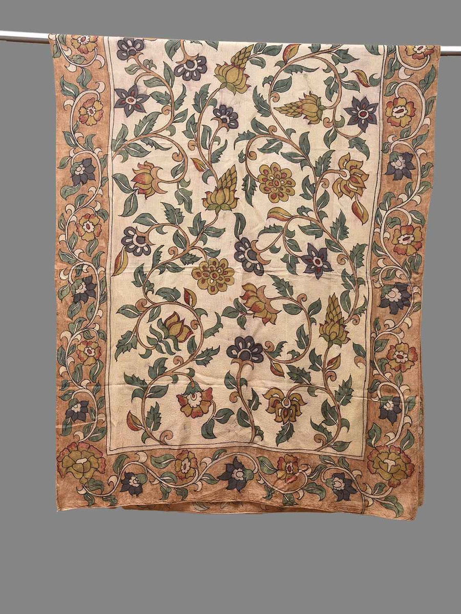 Cream and Light Orange Kalamkari Hand Painted Sico Dupatta with Floral ...