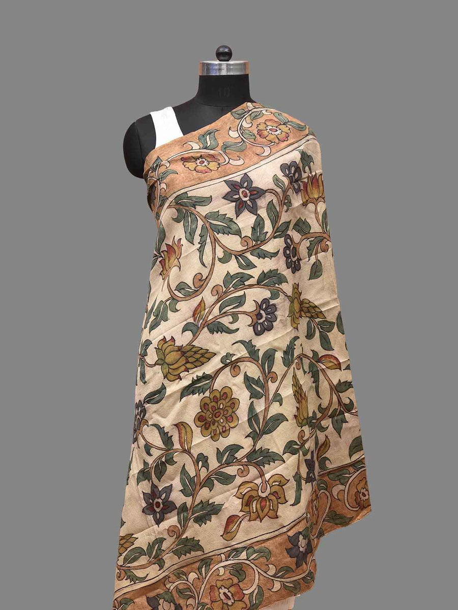 Cream and Light Orange Kalamkari Hand Painted Sico Dupatta with Floral ...