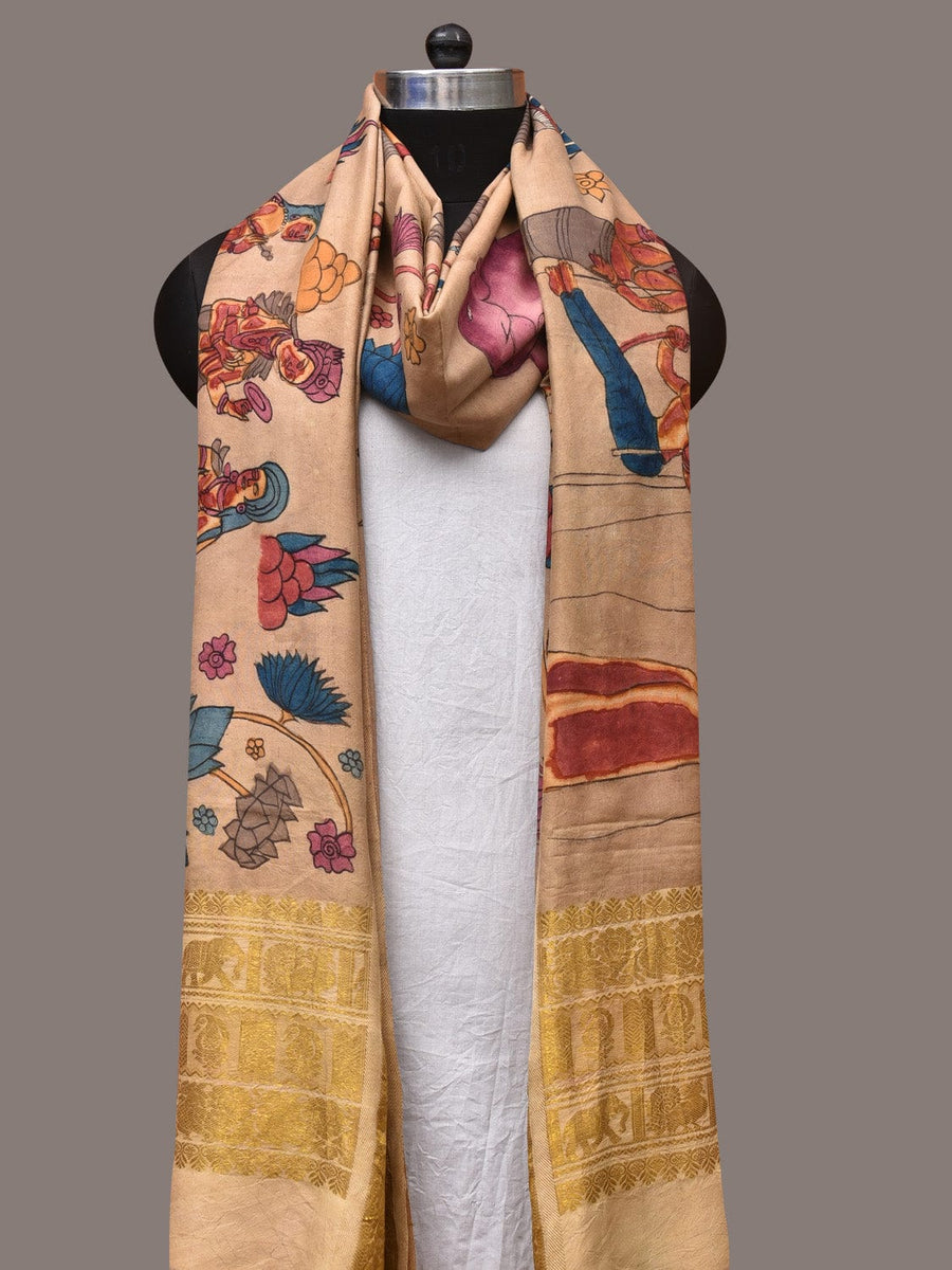 Cream Kalamkari Hand Painted Kanchipuram Silk Handloom Dupatta with Aj ...