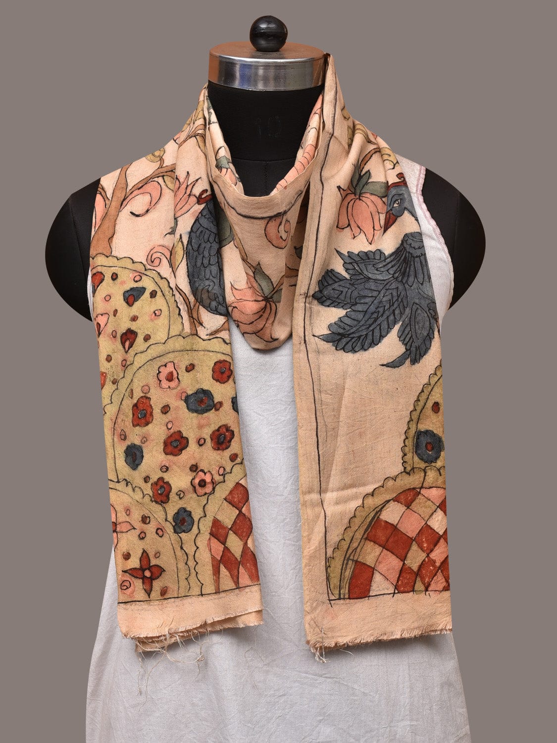 Cream Kalamkari Hand Painted Sico Stole with Tree of Life Design ds351 ...