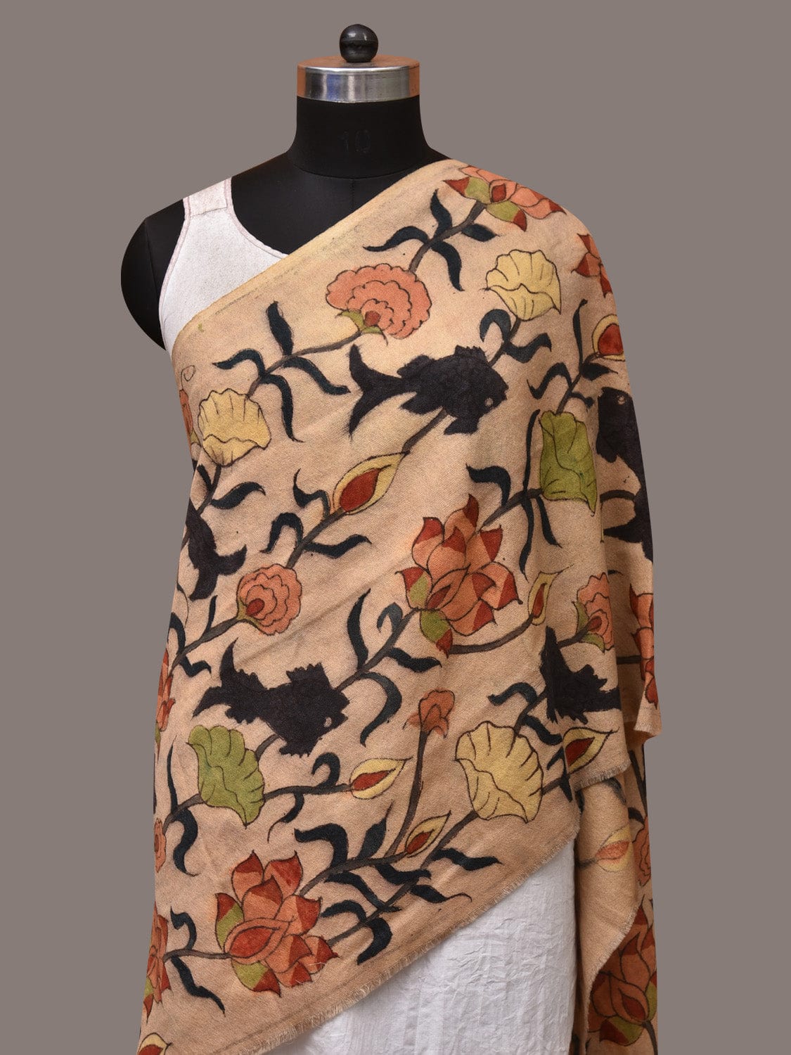 Cream Kalamkari Hand Painted Woolen Handloom Stole with Lotus and Fish ...
