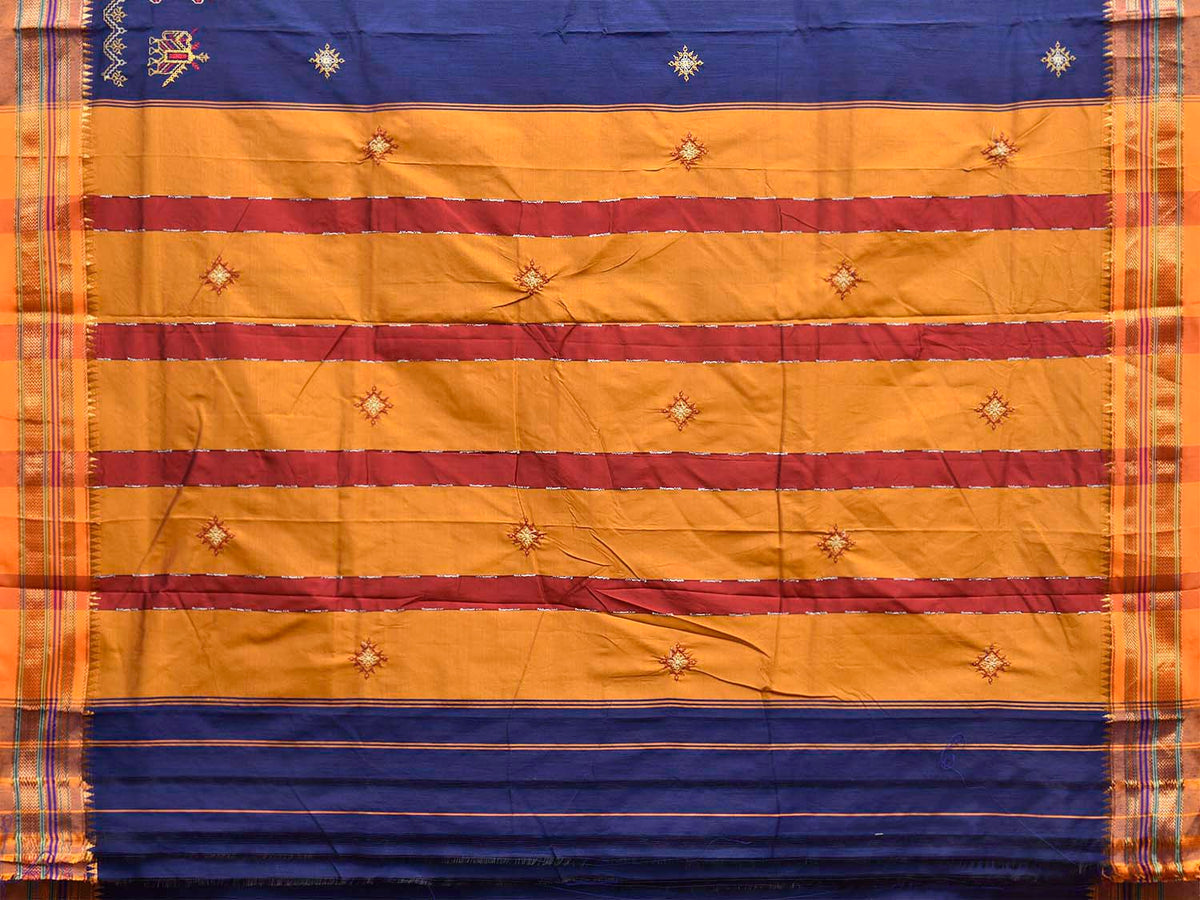 Dark Blue and Yellow Kasuti Viscose Saree with Elephants Border and ...