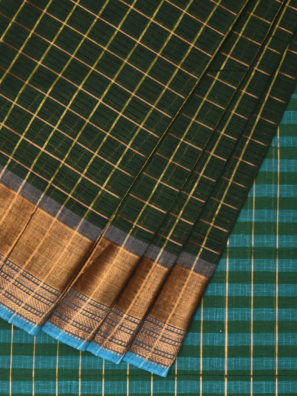 Dark Green Kanchipuram Cotton Handloom Saree with Checks and Strips Pa ...