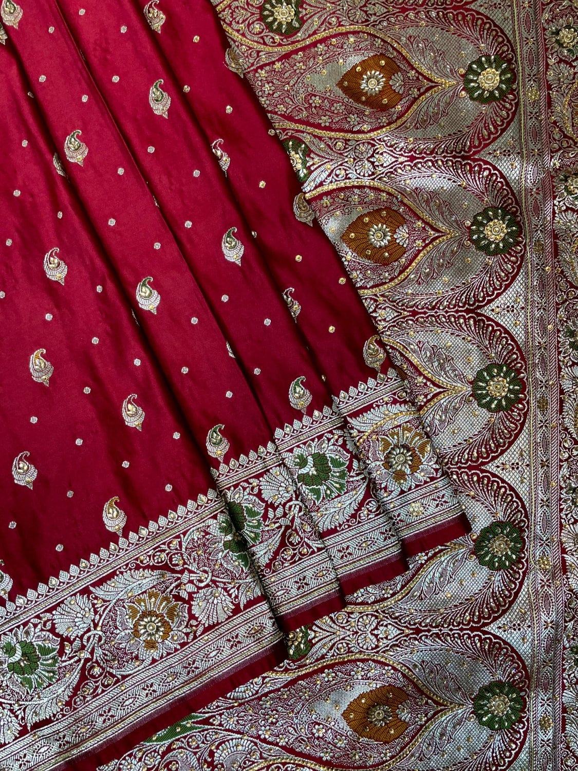Dark Red Banaras Katan Silk Saree with Body Butti and Stone Work Desig ...