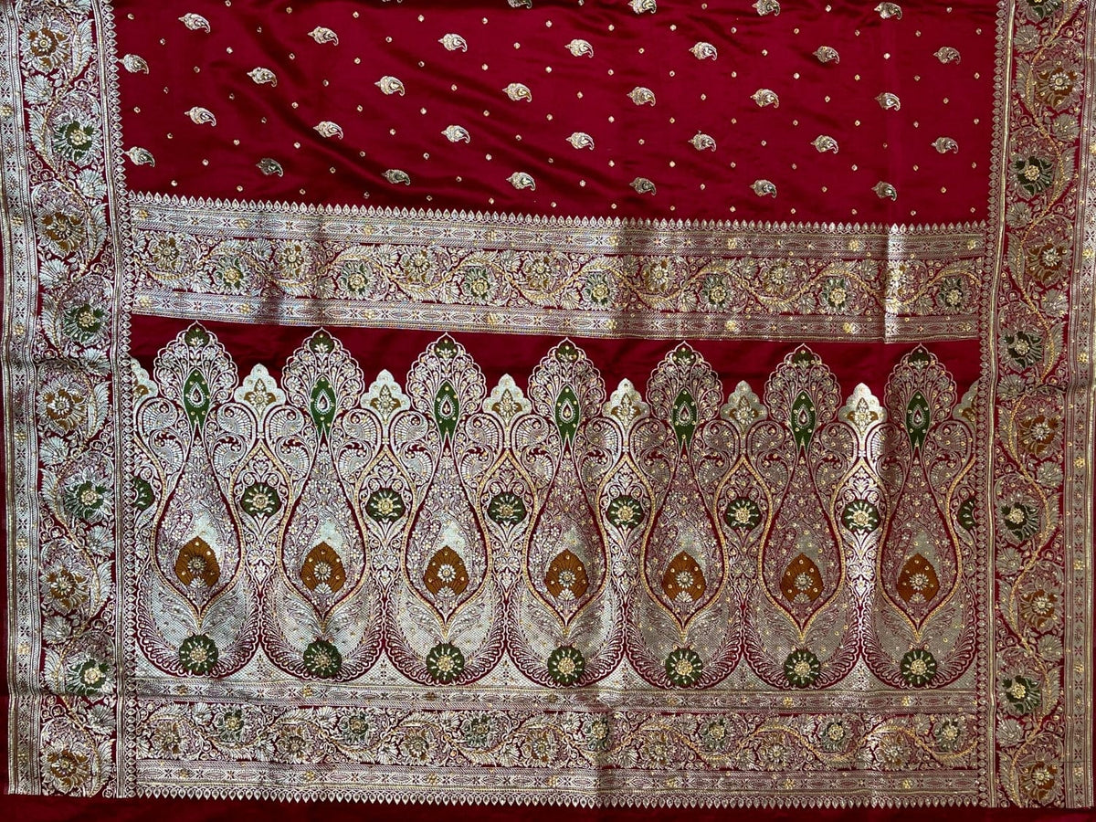 Dark Red Banaras Katan Silk Saree with Body Butti and Stone Work Desig ...