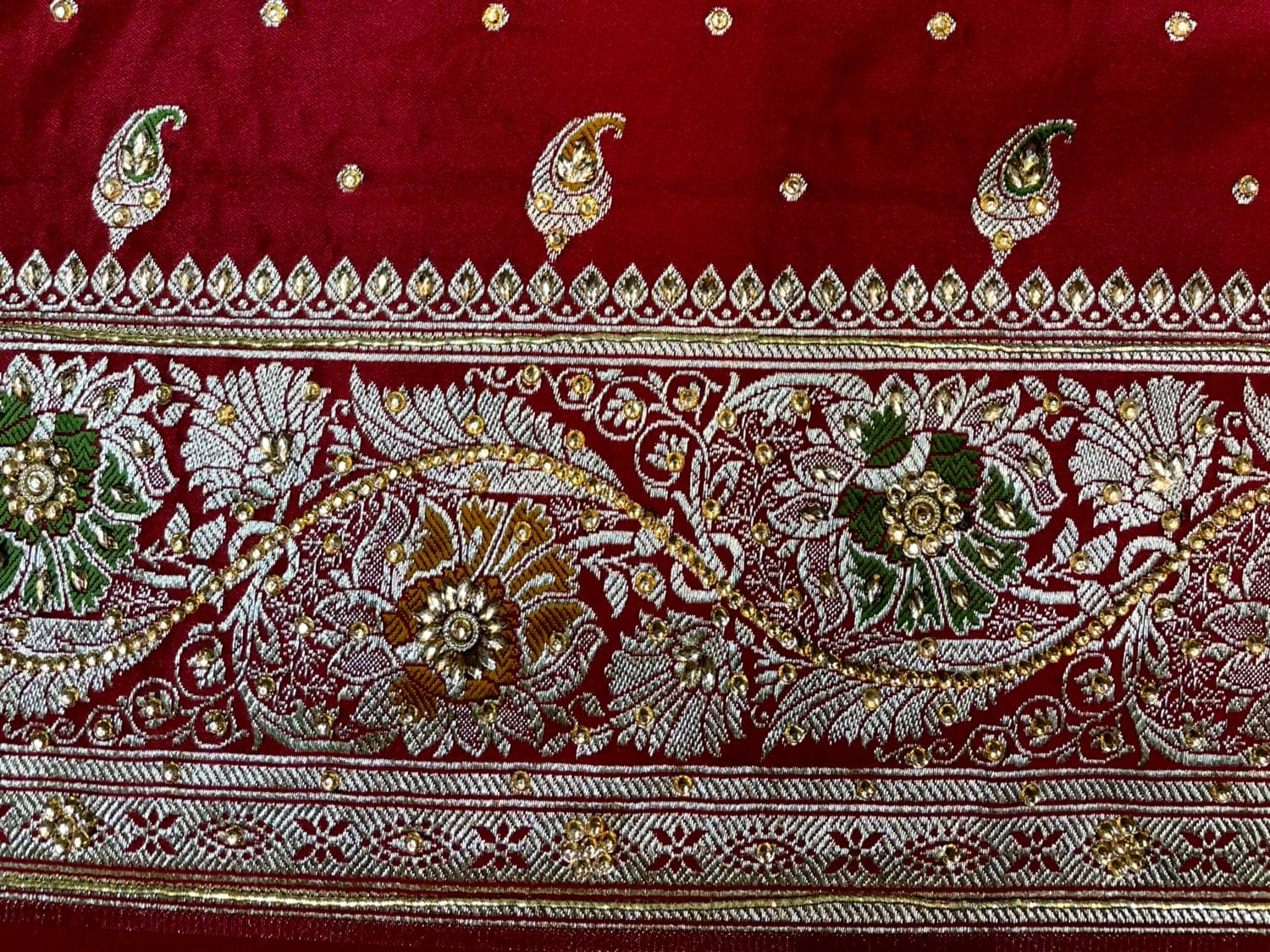 Dark Red Banaras Katan Silk Saree with Body Butti and Stone Work Desig ...