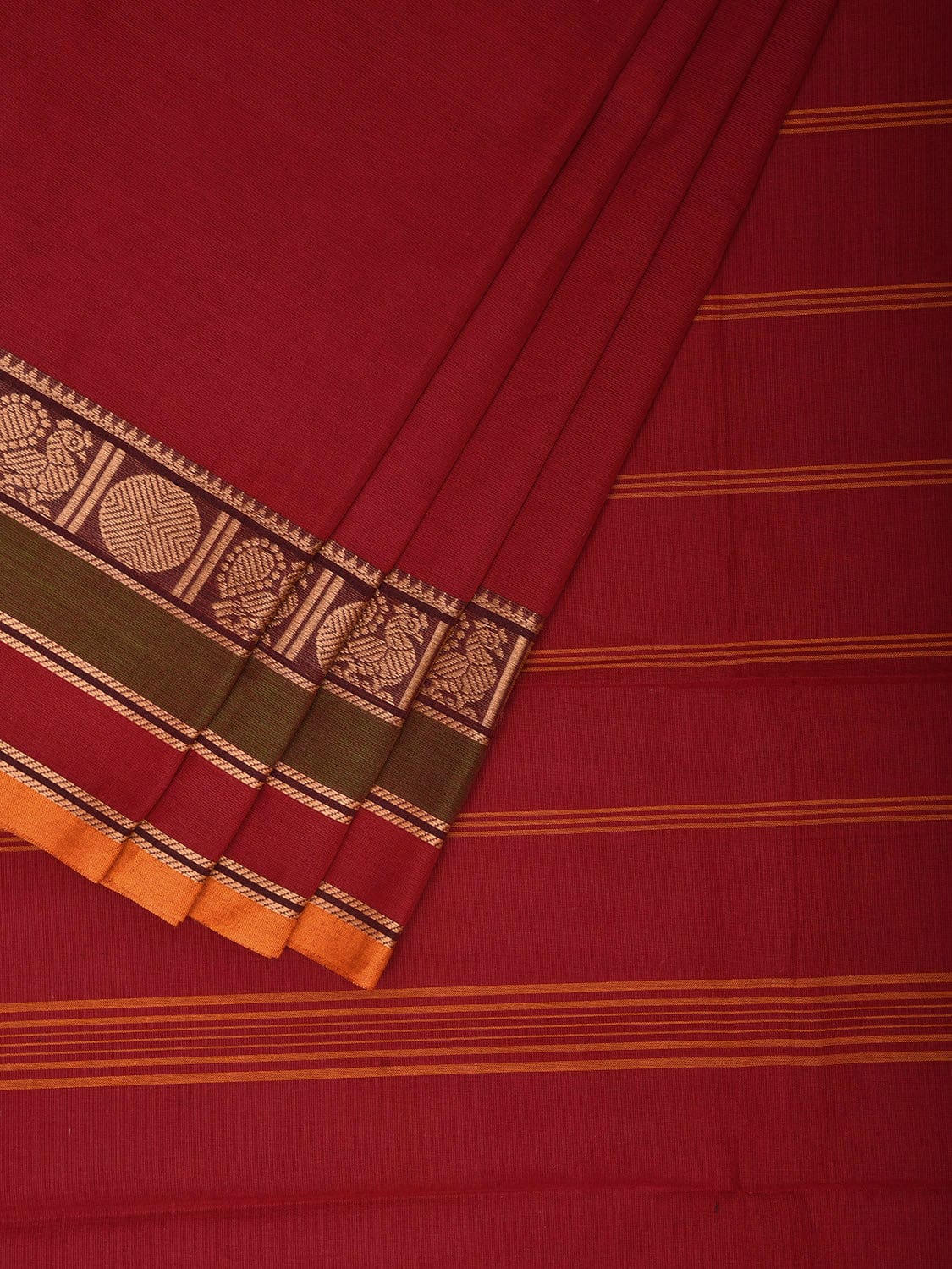 Dark Red Kanchipuram 80s Cotton Plain Saree with Peacock-Rudraksh Bord ...