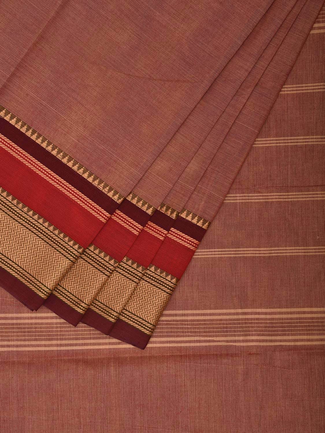Fawn and Red Kanchipuram 80s Cotton Plain Saree with Strips Pallu Desi ...