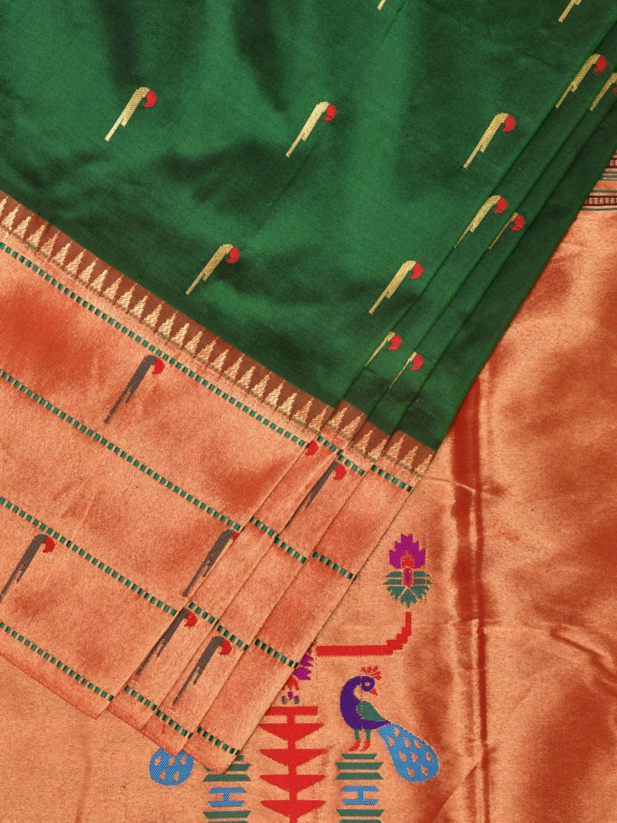 Green Paithani Silk Handloom Saree with Triple Muniya Border Design p0 ...