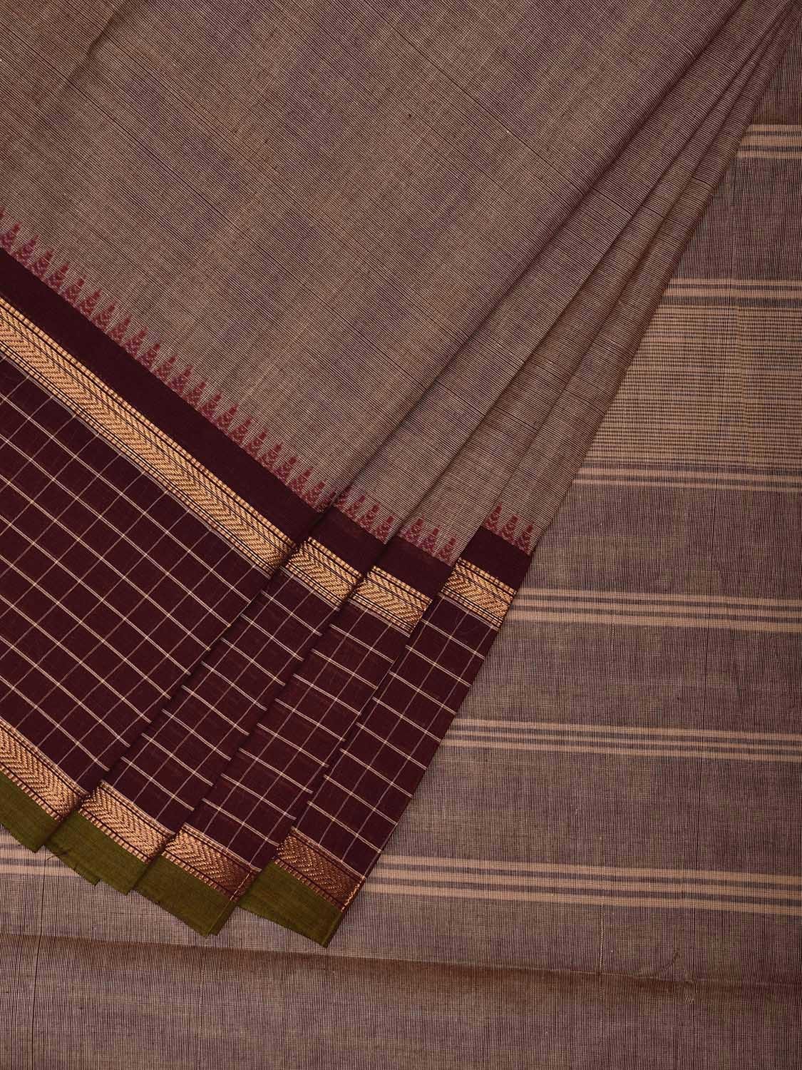 Khaki and Brown Kanchipuram Cotton Plain Saree with Strips Pallu and C ...