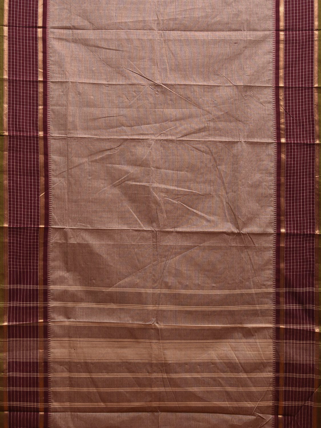 Khaki and Brown Kanchipuram Cotton Plain Saree with Strips Pallu and C ...
