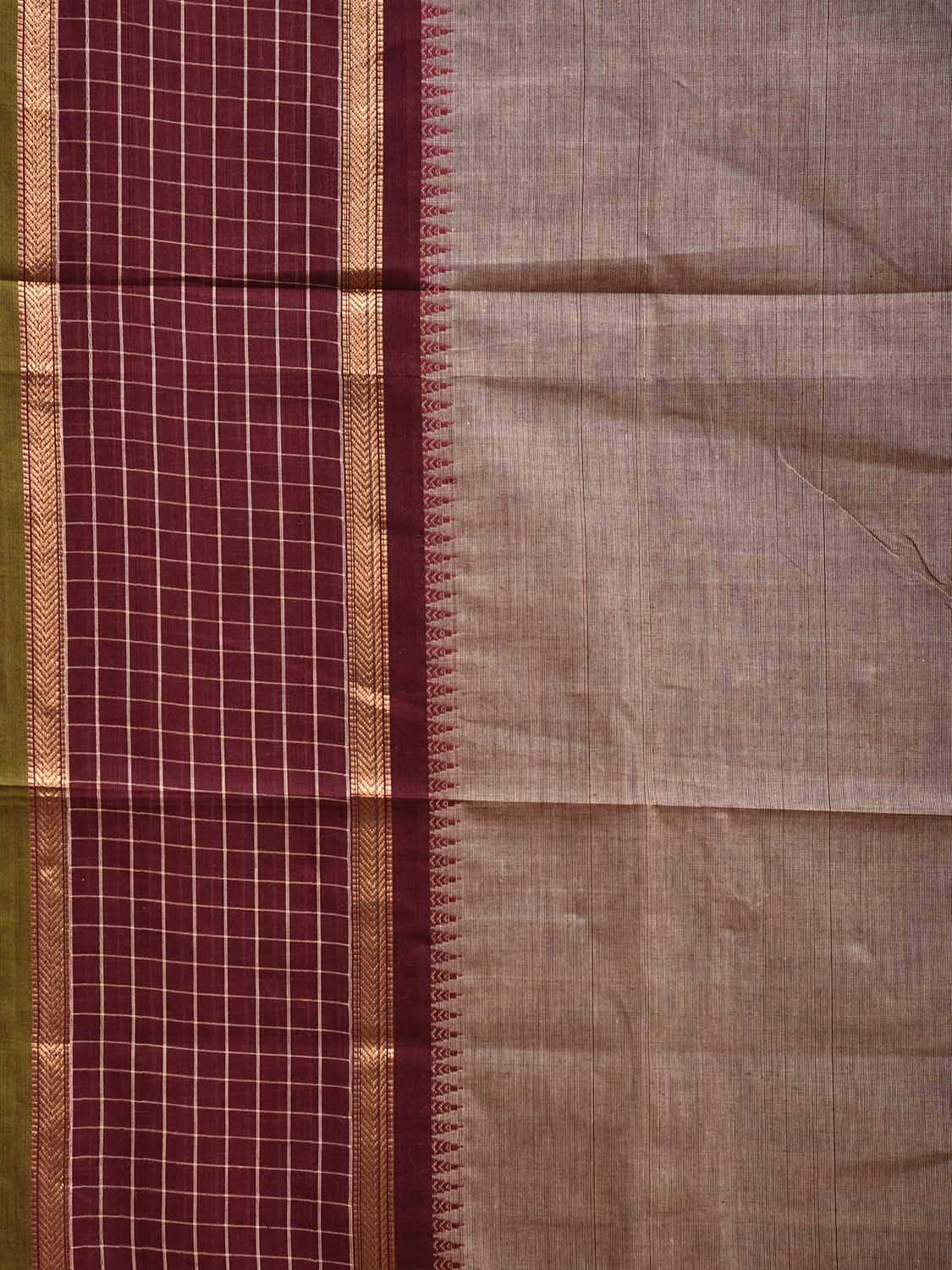 Khaki and Brown Kanchipuram Cotton Plain Saree with Strips Pallu and C ...