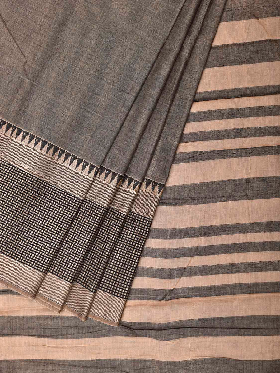 Khaki Kanchipuram Cotton Plain Saree with Checks Border and Strips ...