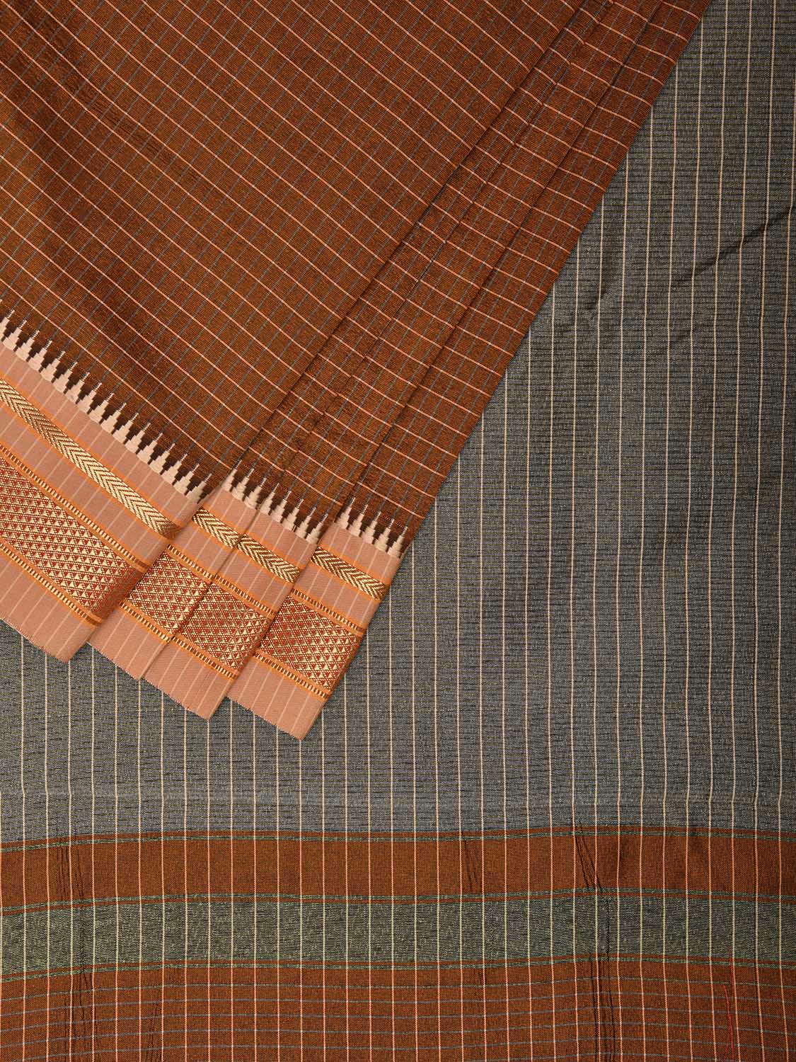 Light Brown and Grey Bamboo Cotton Viscose Silk Saree with Checks Desi ...