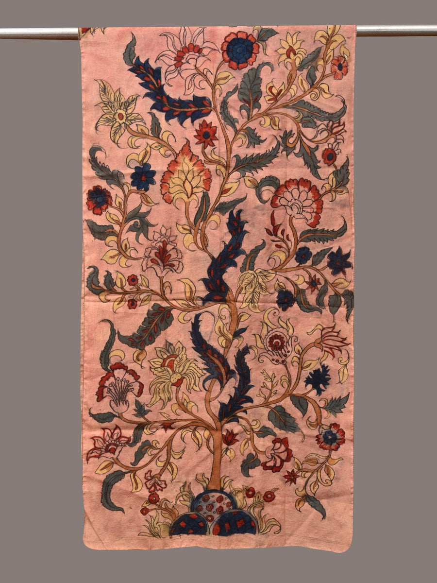 Light Peach Kalamkari Hand Painted Sico Stole with Tree of Life Design ...