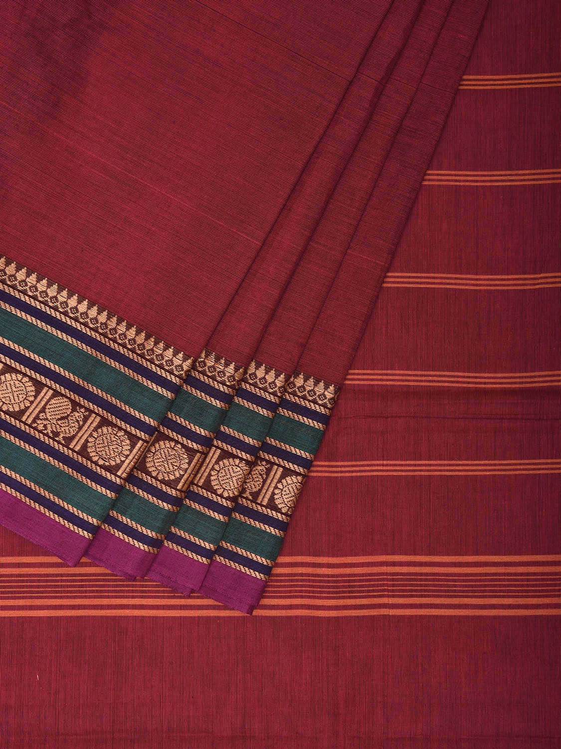 Magenta Kanchipuram 80s Cotton Plain Saree with Peacock-Rudraksh Borde ...