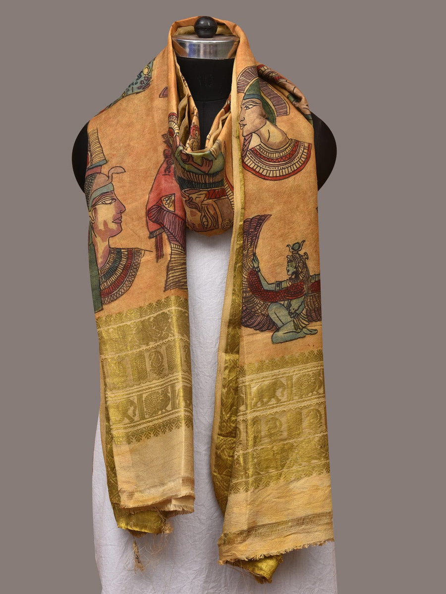 Mustard Kalamkari Hand Painted Kanchipuram Silk Handloom Dupatta with ...