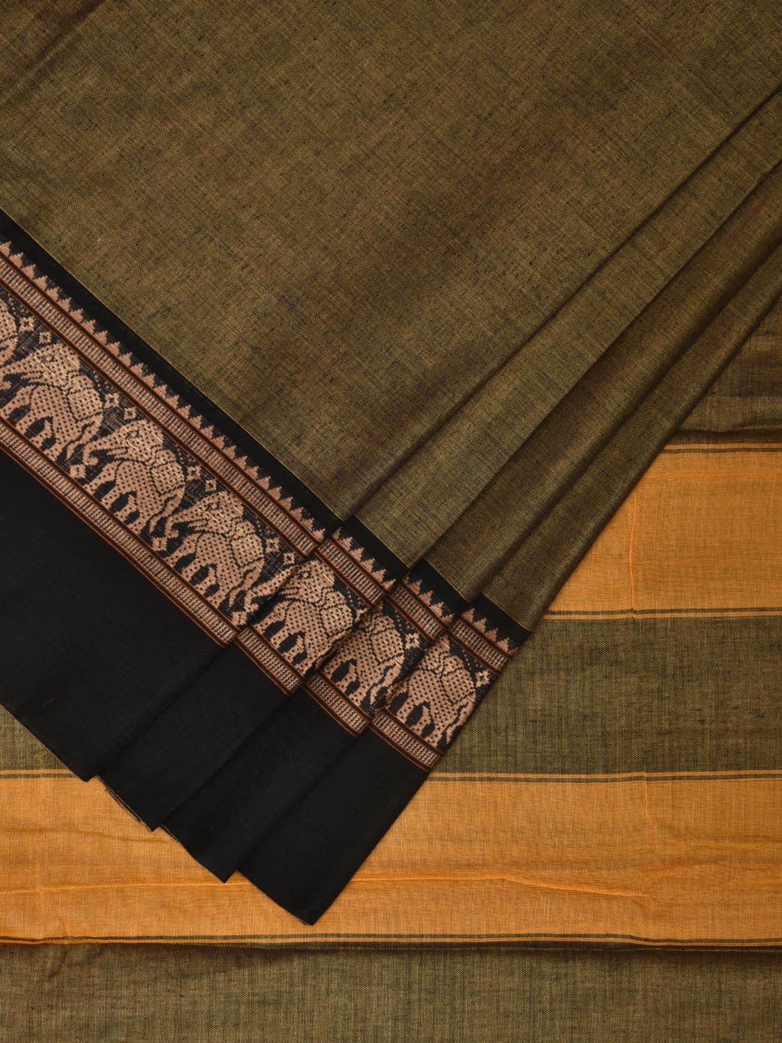 Olive and Black Narayanpet Cotton Saree with Elephant Border Design No ...