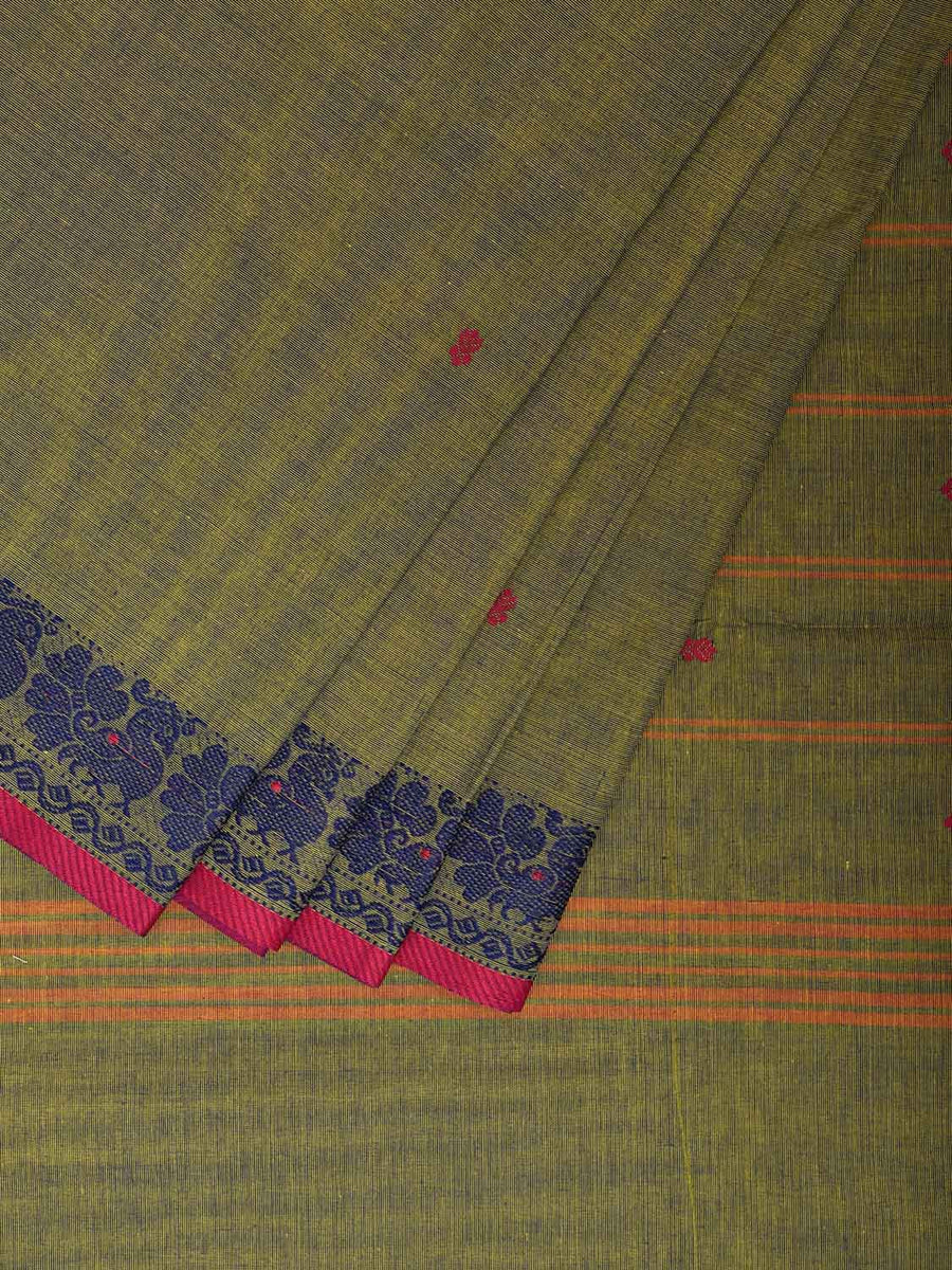 Olive Kanchipuram Cotton Saree with Peacocks Border Design k0813 – Uppada