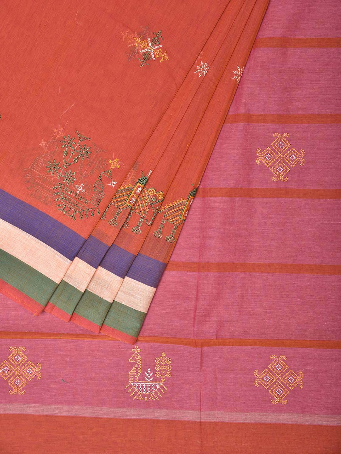 Orange and Pink Kasuti Mangalgiri Cotton Saree with Body Buta and ...