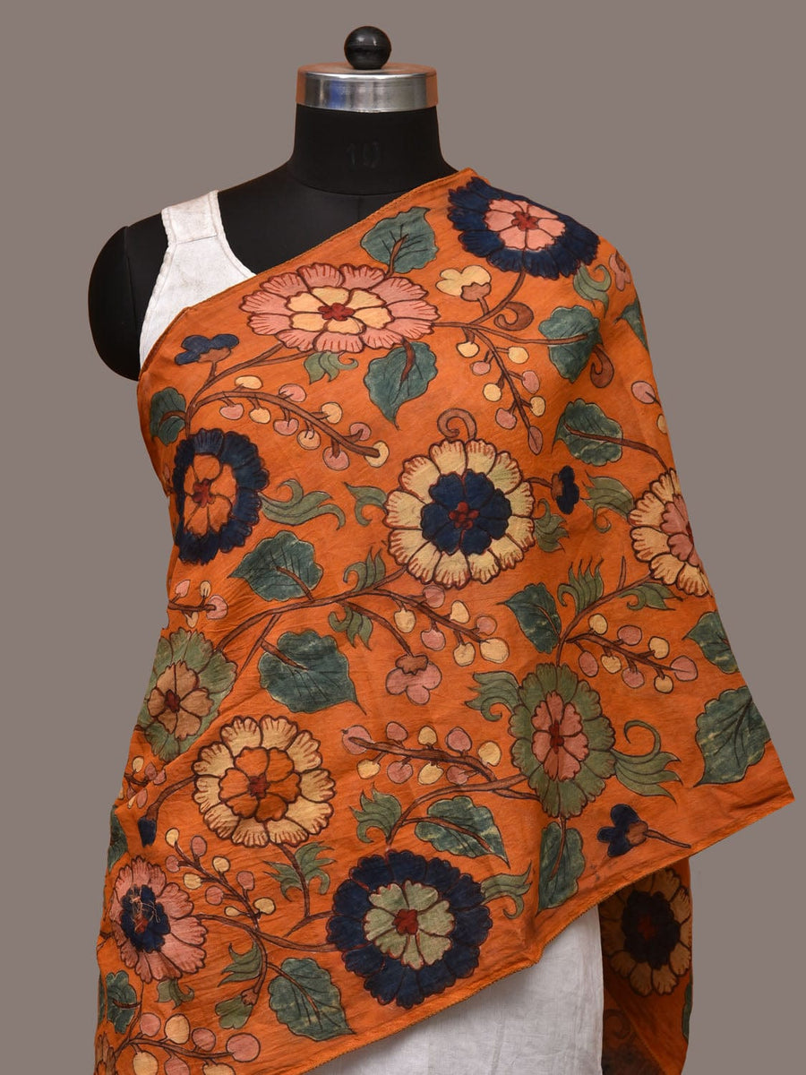 Orange Kalamkari Hand Painted Sico Handloom Stole with Floral Design d ...
