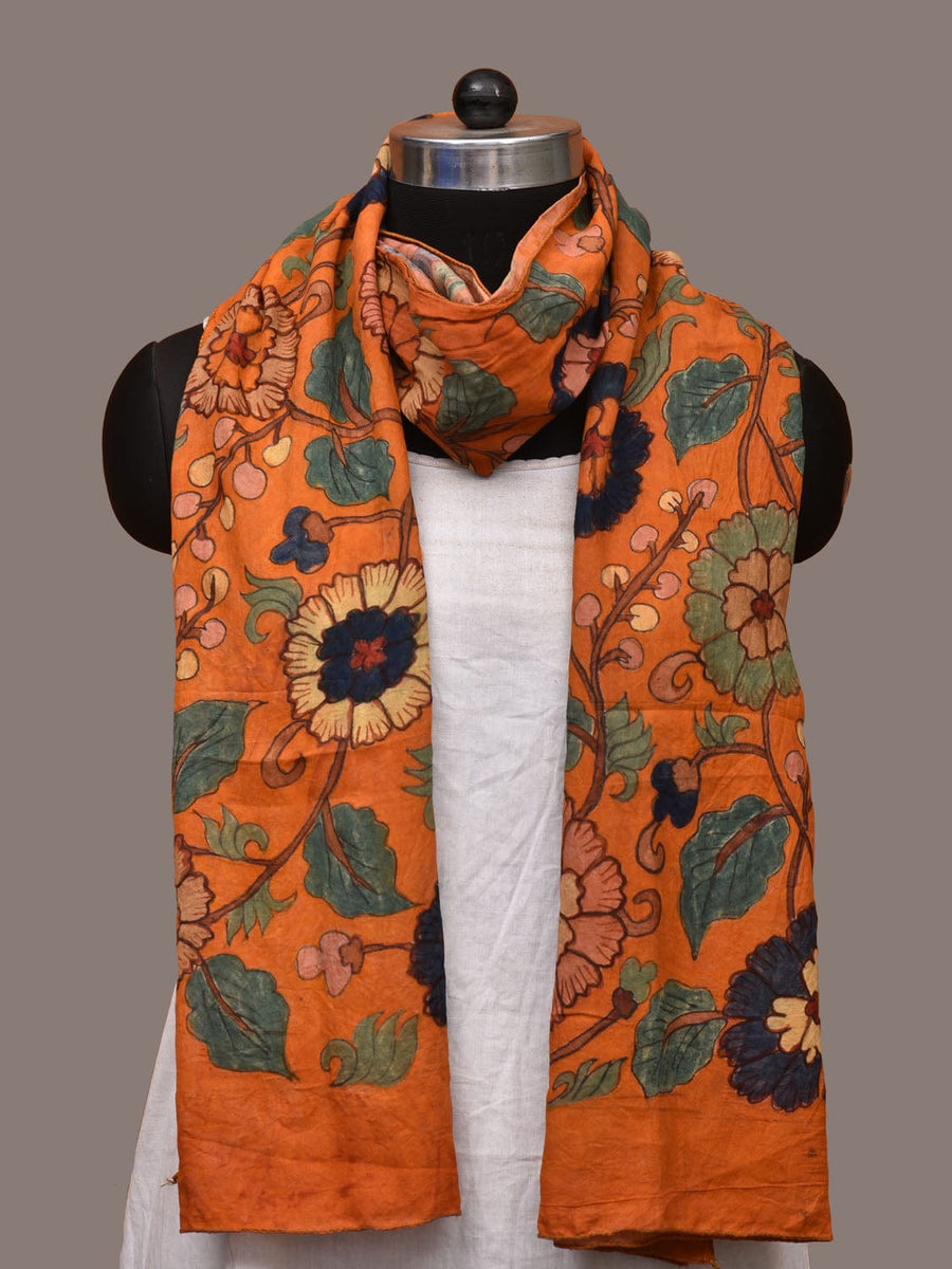 Orange Kalamkari Hand Painted Sico Handloom Stole with Floral Design d ...