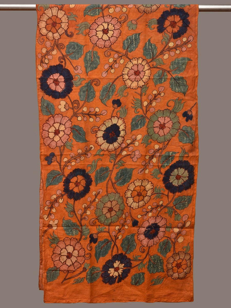 Orange Kalamkari Hand Painted Sico Handloom Stole with Floral Design d ...