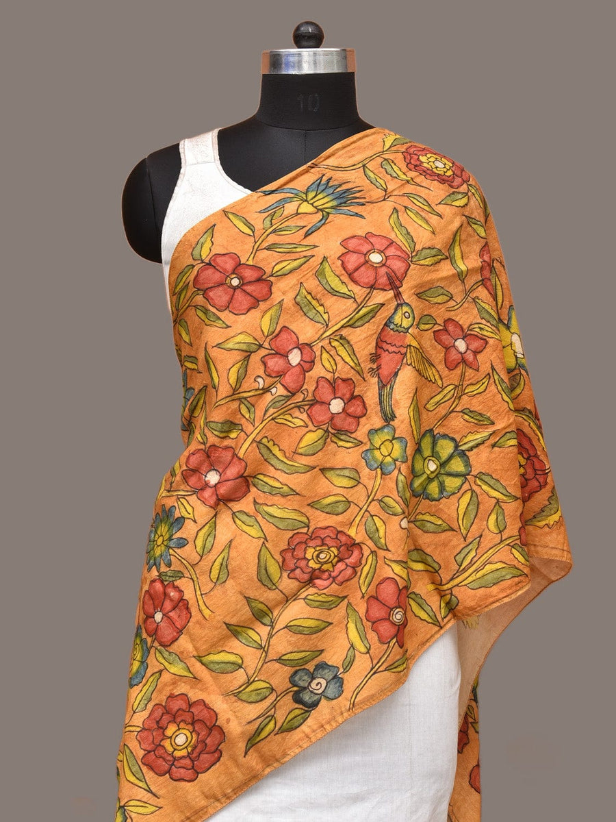 Orange Kalamkari Hand Painted Sico Stole with Floral Design ds3301 – Uppada