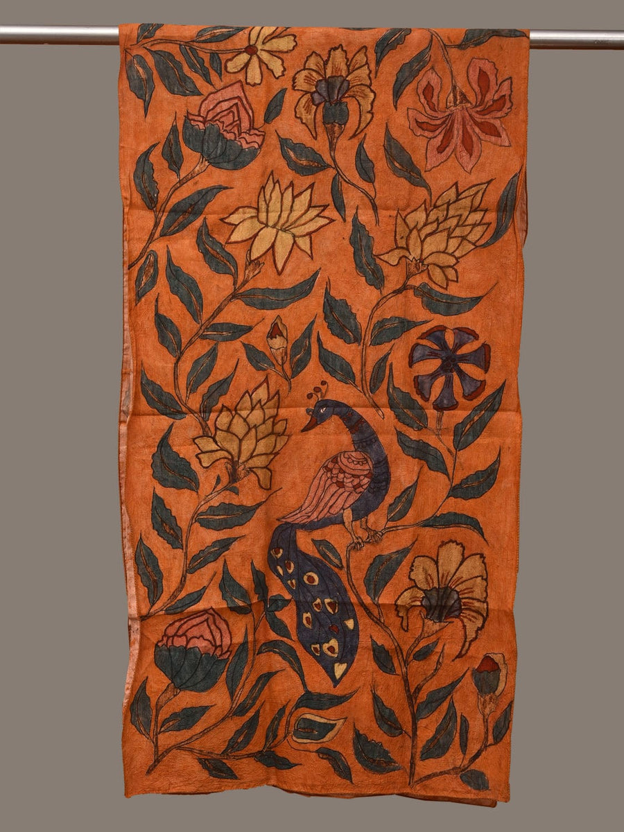 Orange Kalamkari Hand Painted Sico Stole with Lotus and Peacock Design ...