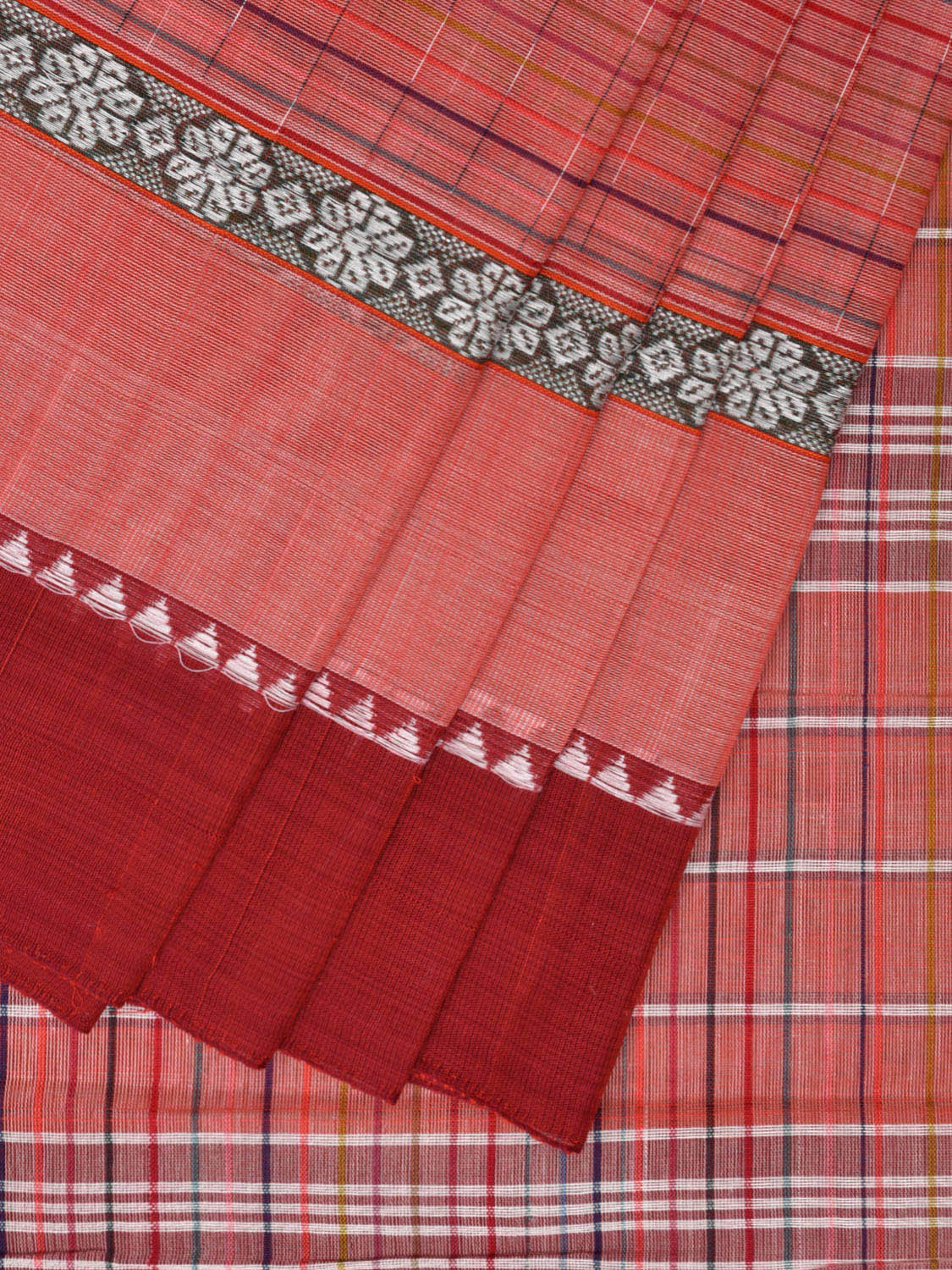 Peach and Maroon Narayanpet Cotton Handloom Saree with Checks Design N ...