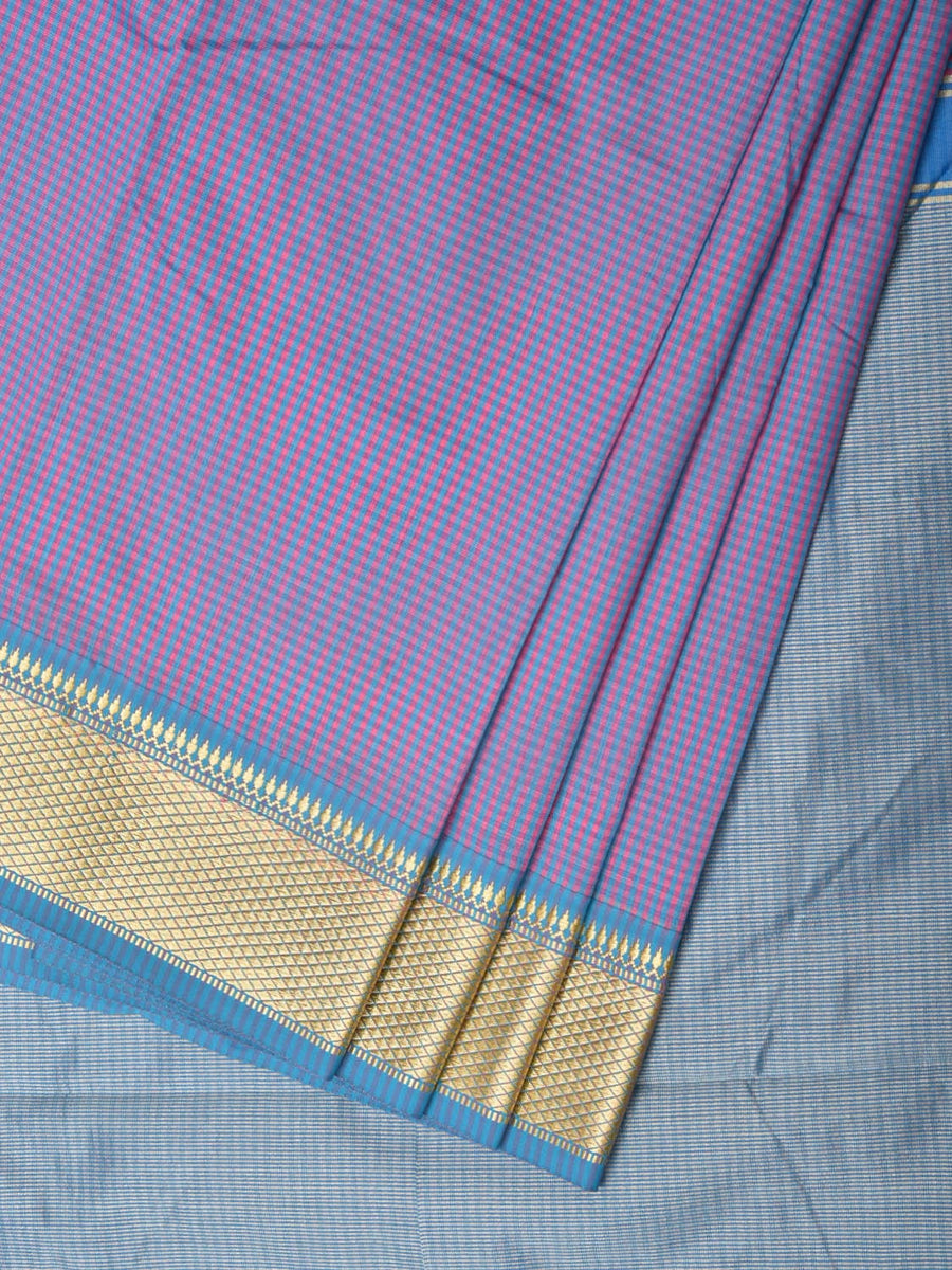 Pink and Blue Bamboo Cotton Saree with Small Checks Design No Blouse b ...