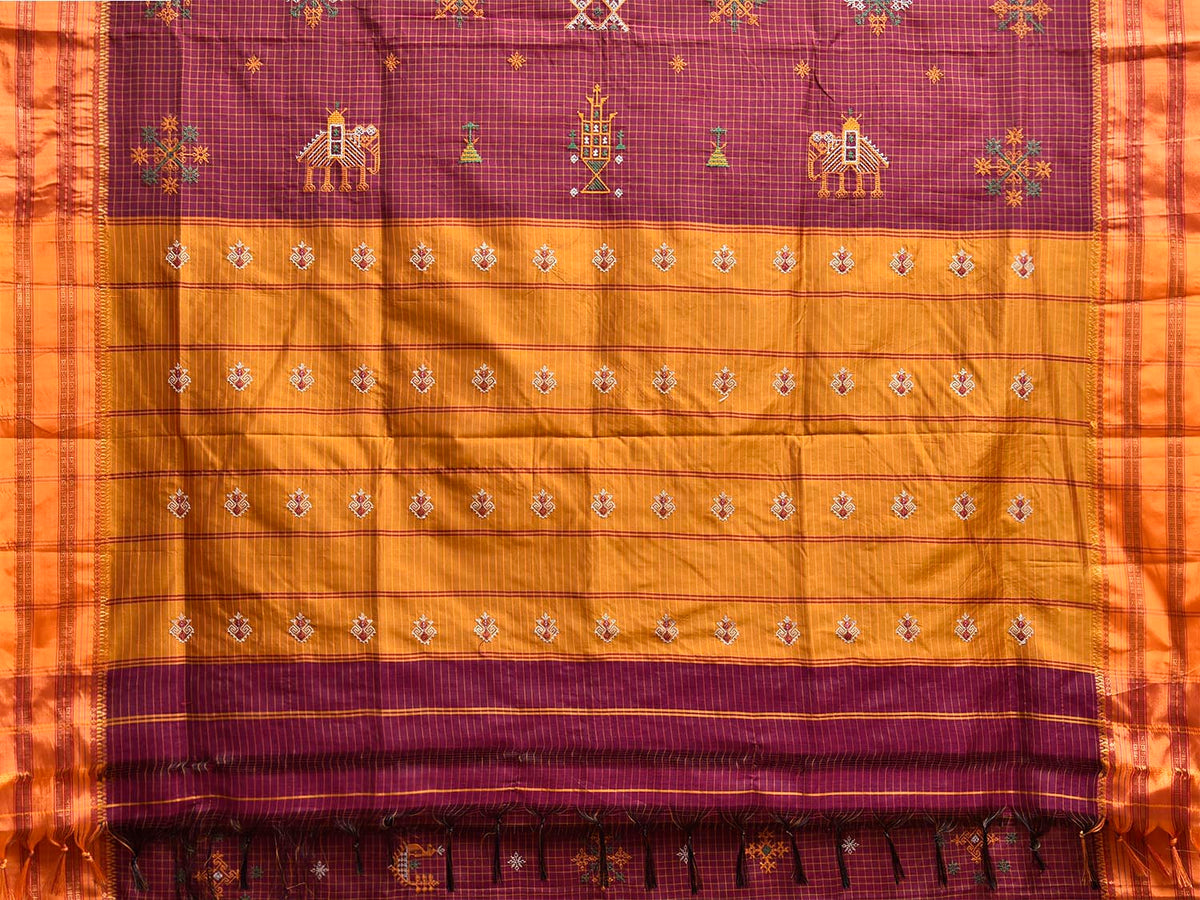Purple and Yellow Kasuti Cotton Viscose Saree with Elephant Buta and C ...