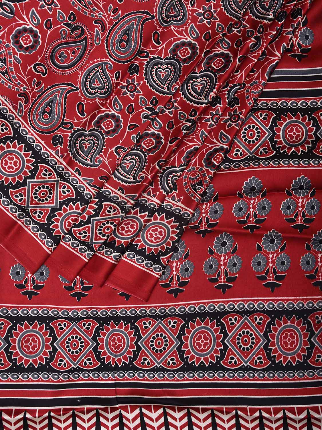 Red and Black Ajrak Digital Print Satin Silk Saree with Pasley Design – Uppada