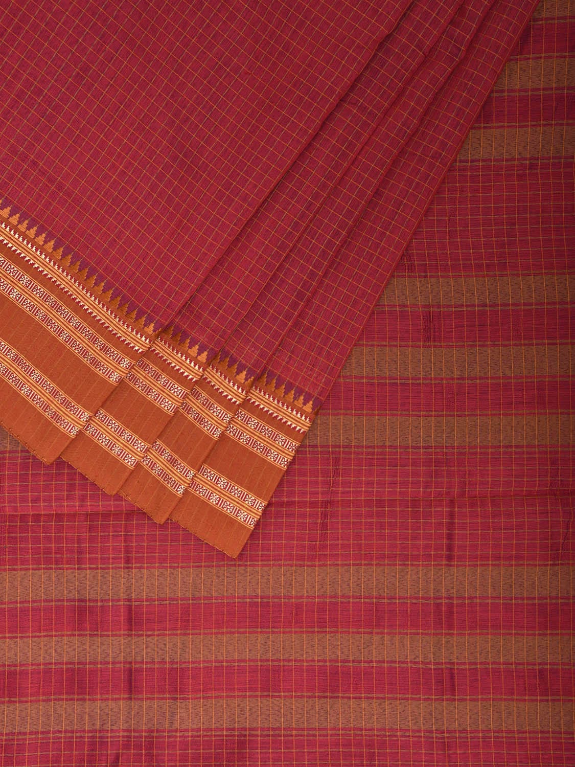 Red and Fawn Bamboo Cotton Saree with Checks Design No Blouse bc0795 ...