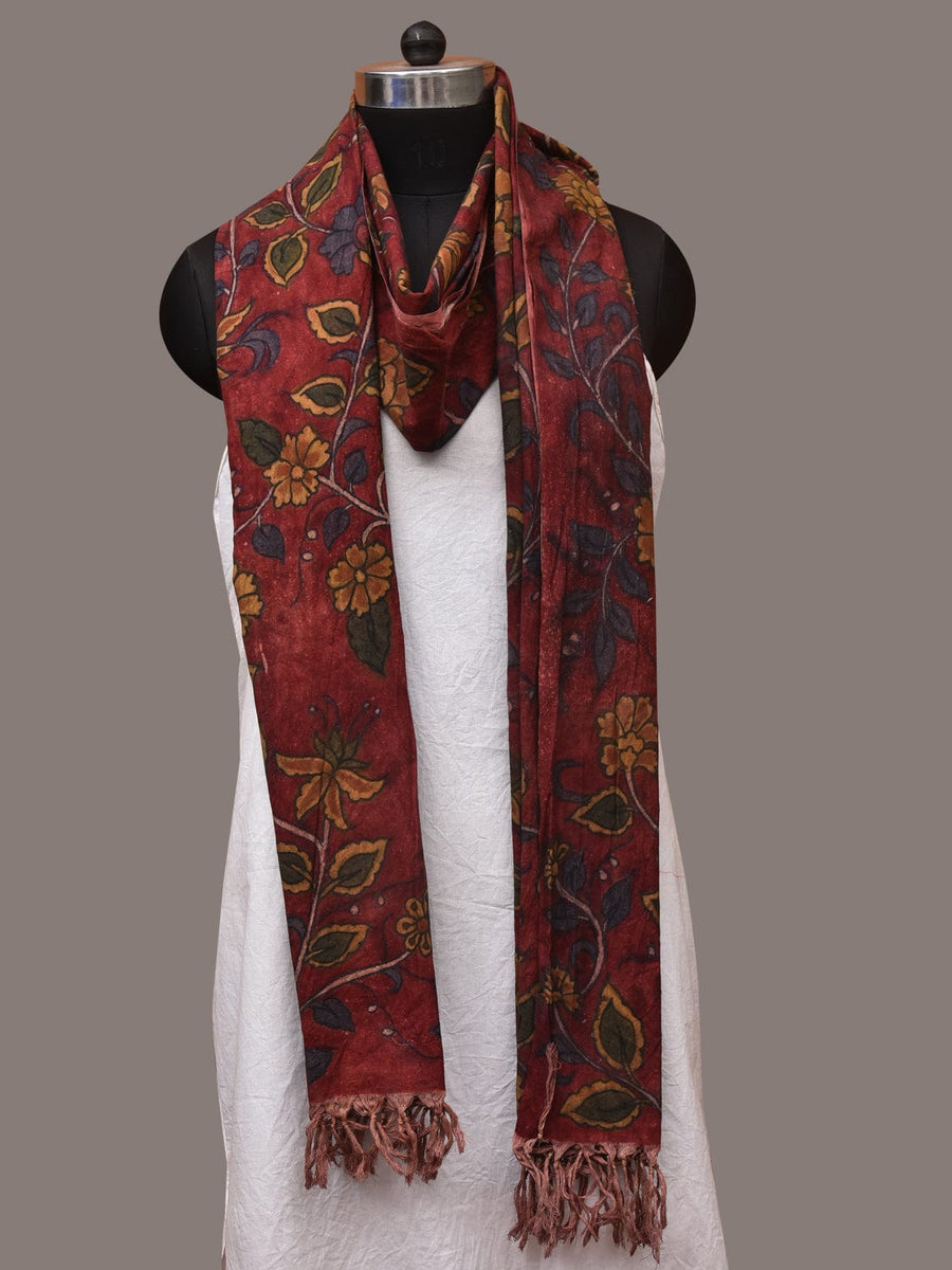 Red Kalamkari Hand Painted Cotton Handloom Dupatta with Floral Design ...