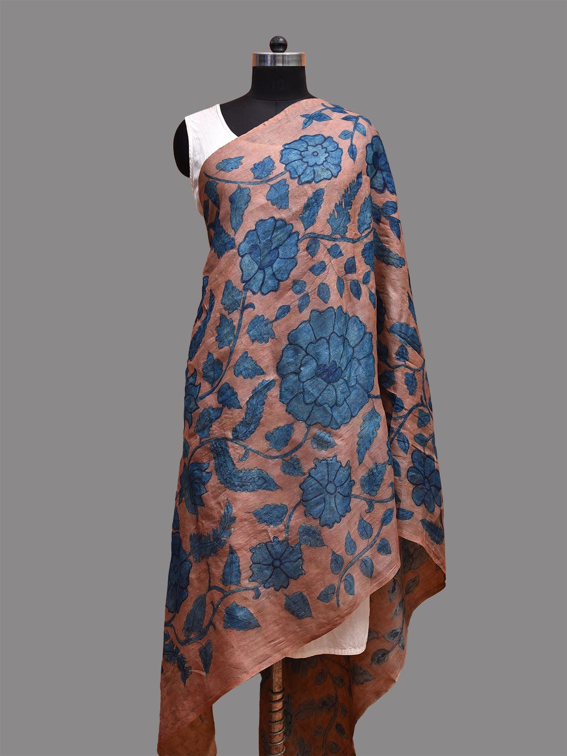 Rust and Blue Kalamkari Hand Painted Tussar Handloom Dupatta with Flor ...