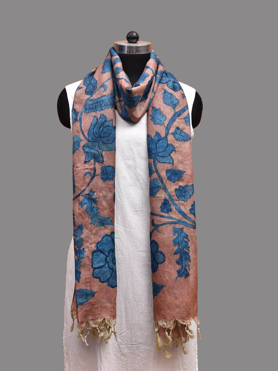Rust and Blue Kalamkari Hand Painted Tussar Handloom Dupatta with Flor ...