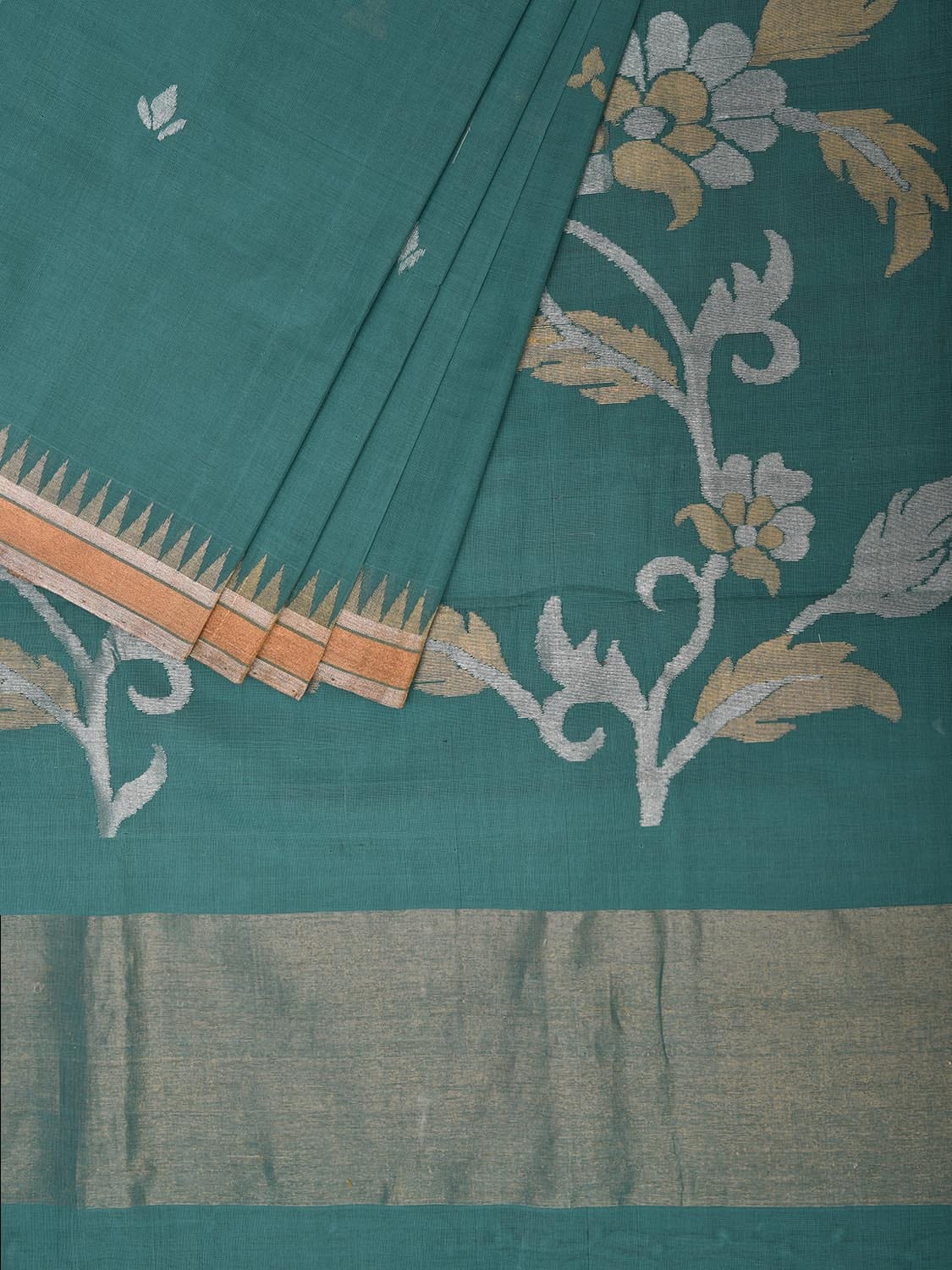 Turquoise Khadi Cotton Handloom Saree with Floral Pallu Design kh0691 ...