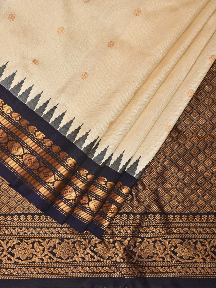 White and Navy Gadwal Silk Handloom Saree with Flower Pallu Design g03 ...