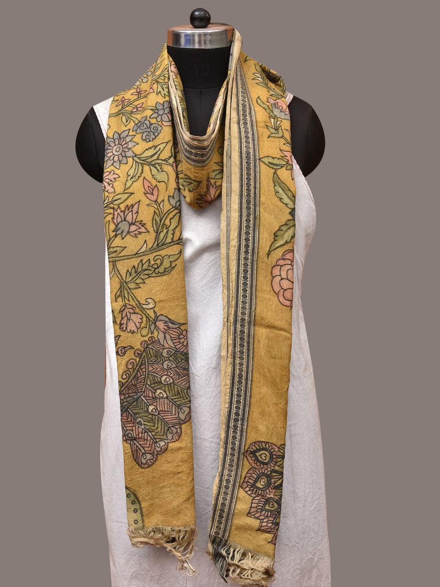 Yellow Kalamkari Hand Painted Cotton Handloom Dupatta with Tree of Lif ...