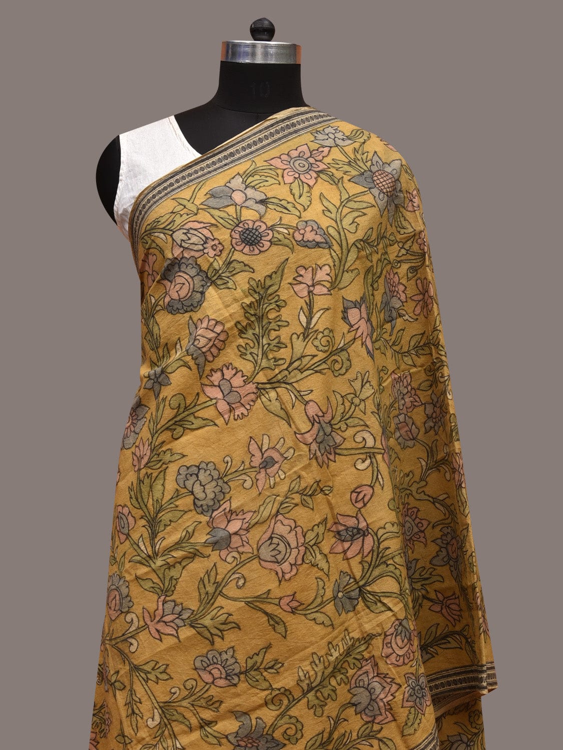 Yellow Kalamkari Hand Painted Cotton Handloom Dupatta with Tree of Lif ...