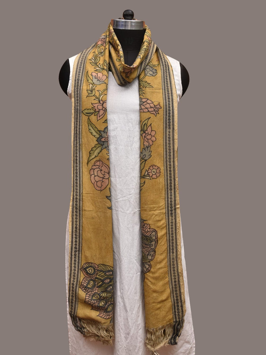 Yellow Kalamkari Hand Painted Cotton Handloom Dupatta with Tree of Lif ...